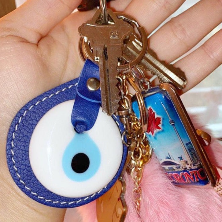 Leather Evil Eye Keychain, Blue Evil Eye Keychain, Lucky Charm Keychai ...