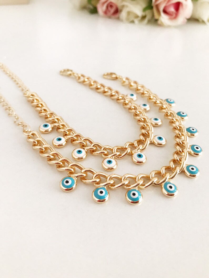 Gold Chain Evil Eye Bracelet, Blue White Evil Eye, Greek Evil Eye Jewe ...
