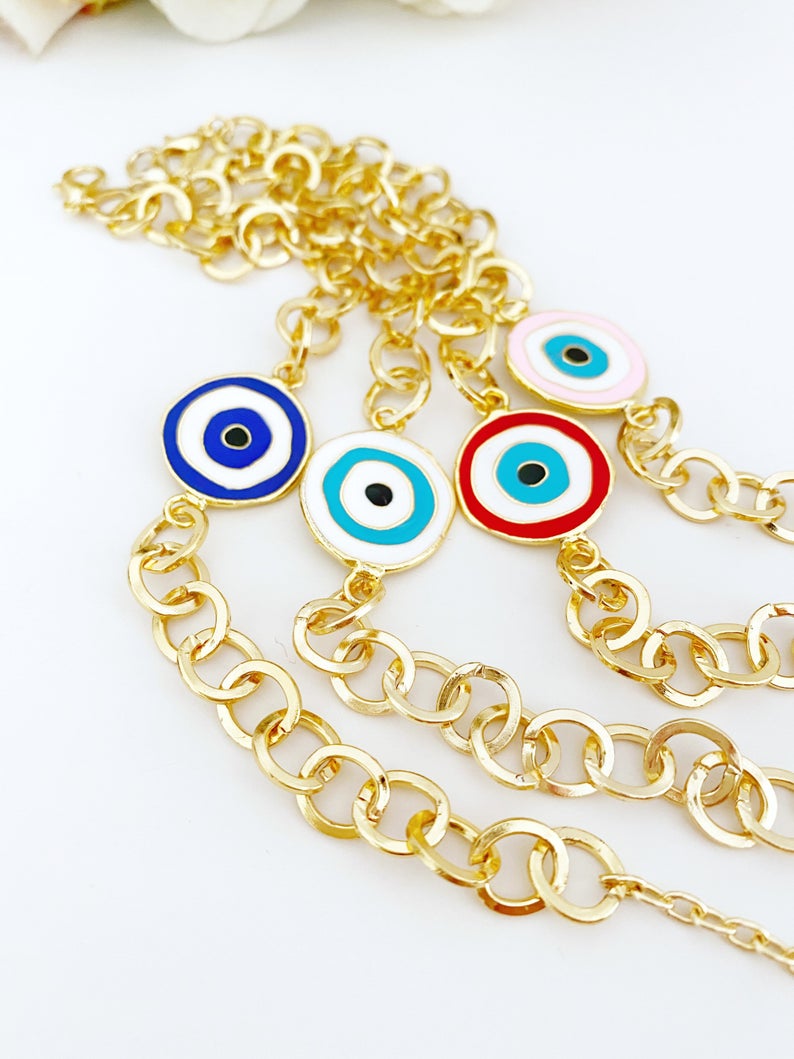 Chunky Gold Chain Evil Eye Bracelet, Brass Evil Eye Charm, Gold Chain ...