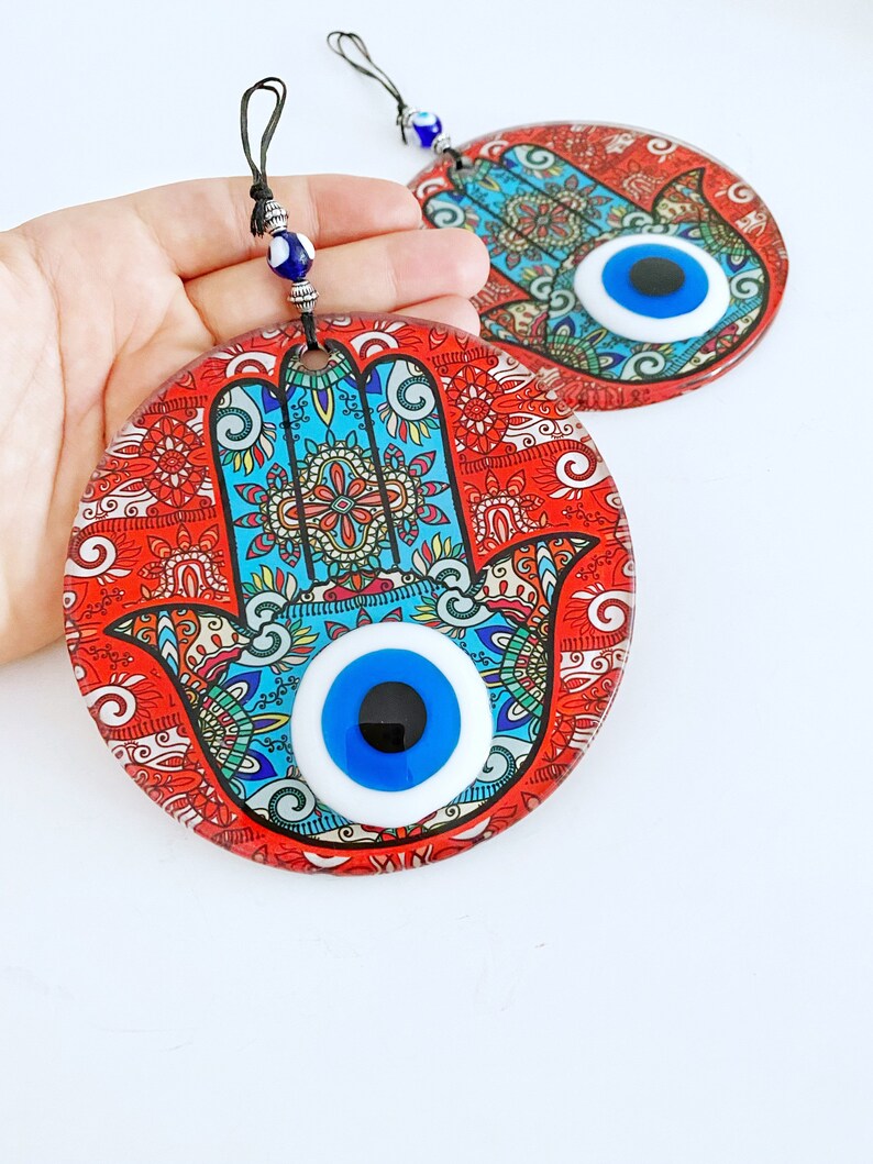 Hamsa Evil Eye Wall Hanging, Red Hamsa Hand Home Decor, Fused Glass ...