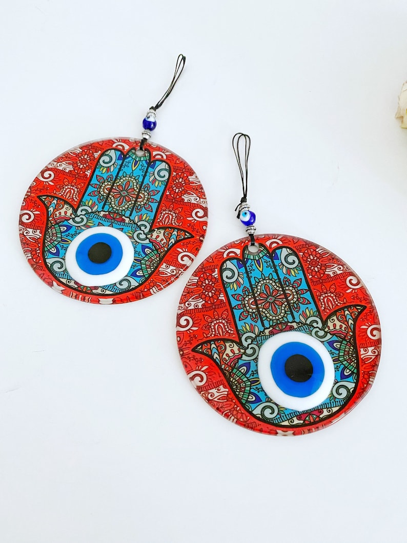 Hamsa Evil Eye Wall Hanging, Red Hamsa Hand Home Decor, Fused Glass ...