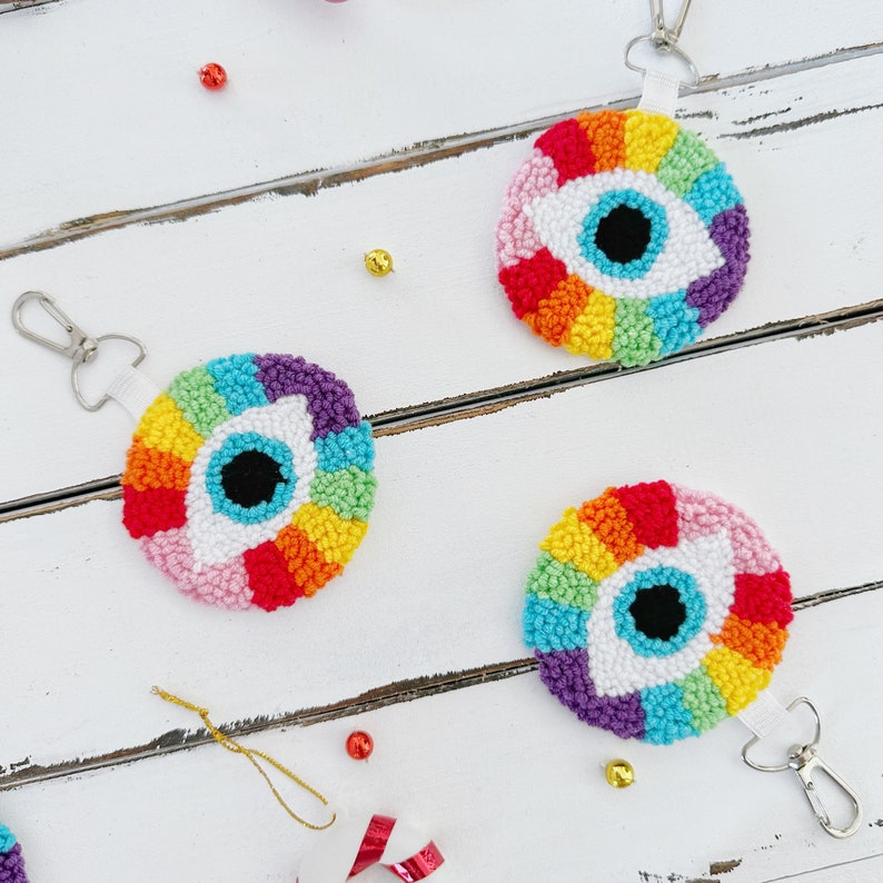 Greek Evil Eye Keychain, Handmade Punch Needle Keychain, Rainbow ...