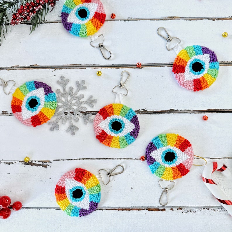 Greek Evil Eye Keychain, Handmade Punch Needle Keychain, Rainbow ...